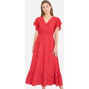 YUMI Broderie Anglaise Wrap Midi Dress - Red