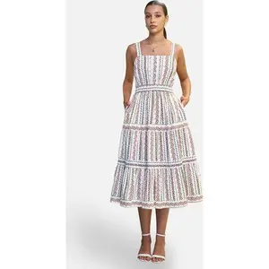 YUMI Botanical Stripe Lace Trim Midi Dress - White