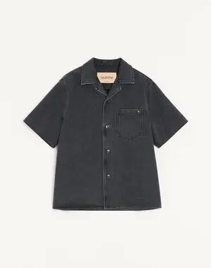 Valentino Garavani Denim Bowling Shirt With Vgold - Black