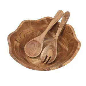 GIBSON HOME Sandhurst 3-piece Scalloped Acacia Wood Salad Bowl Set - Natural