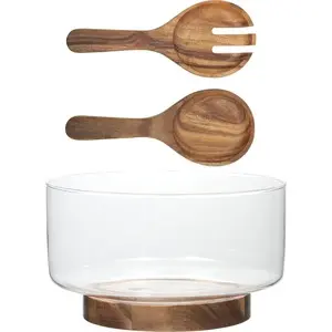 GIBSON ELITE Farm Favorites Glass Salad Bowl Set With Acacia Wood Base And Utensils - Clear