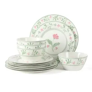 MARTHA STEWART Maiden Crown 12-piece Vegan Bone China Dinnerware Set, Floral Plates & Bowls - Multicolor