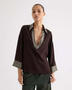 TWP Crepe Back Satin V-neck Tunic With Hand-beaded Trim - Chocolate