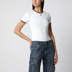 COURREGES Brown Cotton T-shirt With Contrast Crew Neck - White