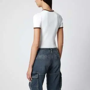COURREGES Brown Cotton T-shirt With Contrast Crew Neck