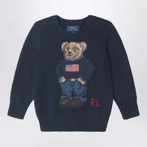 Polo Ralph Lauren Navy Cotton Sweater With Polo Bear Intarsia - Blue