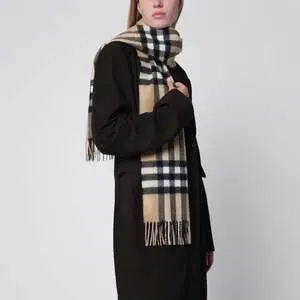 Burberry Cashmere Scarf With Check Motif - Beige