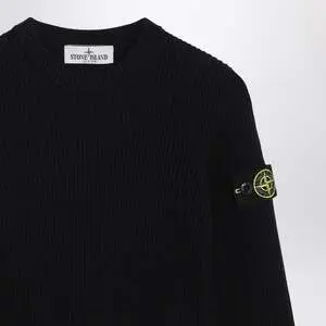 Stone Island Navy Ribbed Virgin Wool Sweater - Blue