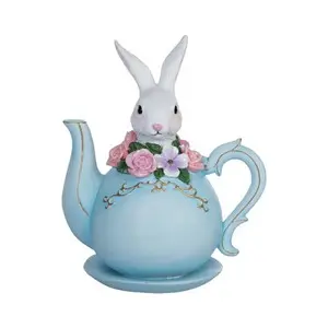 GALLERIE II White Easter Bunny Flower Teapot Decorative Figurine 6.5" - Blue