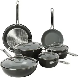 SUR LA TABLE KITCHEN ESSENTIALS Titanium Ceramic Nonstick Forged Aluminum Cookware Pots & Pans Set With Tempered Glass Lids - Black