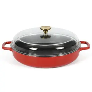 SUR LA TABLE KITCHEN ESSENTIALS Enameled Cast Iron 7-in-1 Multipurpose Braiser Pan With Borosilicate Glass Lid - Red