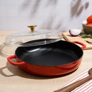 SUR LA TABLE KITCHEN ESSENTIALS Enameled Cast Iron 7-in-1 Multipurpose Braiser Pan With Borosilicate Glass Lid - Red