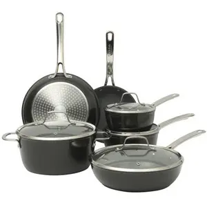 SUR LA TABLE KITCHEN ESSENTIALS Cool Commune Hard-anodized Ceramic Nonstick Forged Aluminum Cookware Set With Glass Lids - Black