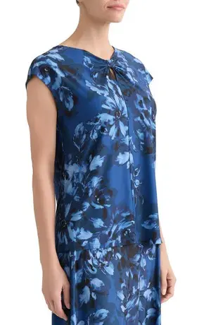 KASPER Floral Print Knit Keyhole Bow Top