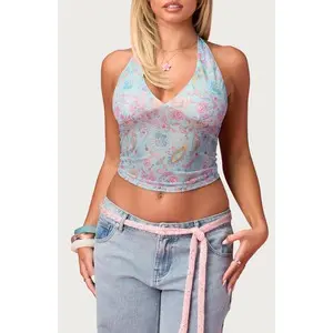 EDIKTED X Barbie™ Fever Paisley Mesh Halter Top - Light-blue