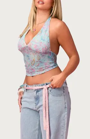 EDIKTED X Barbie™ Fever Paisley Mesh Halter Top