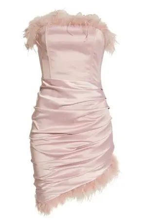 LAVISH ALICE Feather Detail Strapless Satin Dress