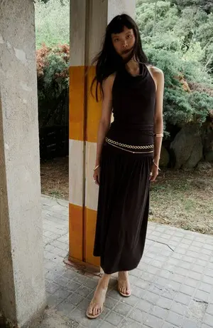 Mango Osana Ruched Drop Waist Halter Midi Dress