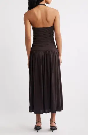 Mango Osana Ruched Drop Waist Halter Midi Dress
