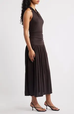Mango Osana Ruched Drop Waist Halter Midi Dress