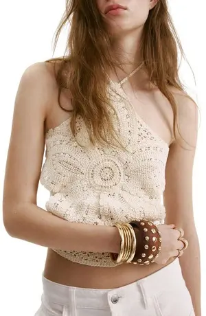 Mango Hibisco Floral Crochet Halter Top - Ecru