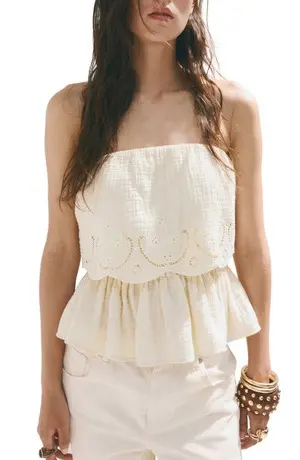 Mango Maui Openwork Embroidered Strapless Gauze Peplum Top - Ecru