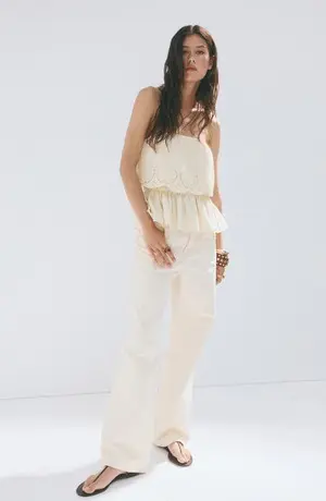 Mango Maui Openwork Embroidered Strapless Gauze Peplum Top
