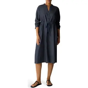Eileen Fisher Organic Cotton Midi Shirtdress With Drawstring Waist - Denim