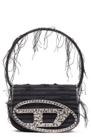 DIESEL® 1dr Distressed Denim Shoulder Bag With Crystal Embellishments - Black