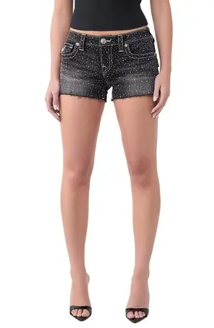 True Religion Crystal Embellished Low Rise Cutoff Denim Shorts