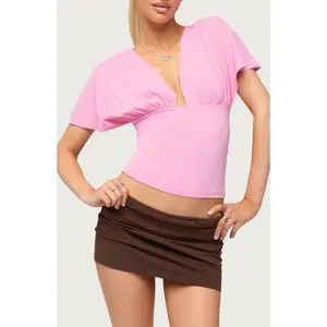 EDIKTED Flutter Sleeve Plunge Neck Crop Top - Pink