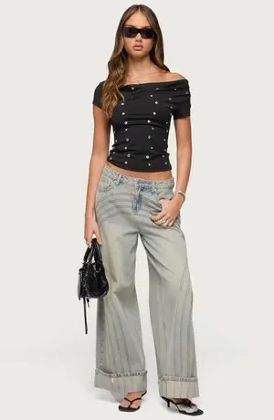 EDIKTED Bijou Metal Snap Stud Off-the-shoulder Top