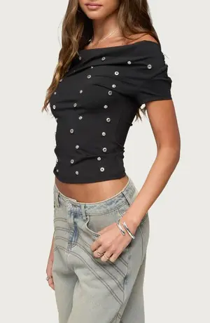 EDIKTED Bijou Metal Snap Stud Off-the-shoulder Top