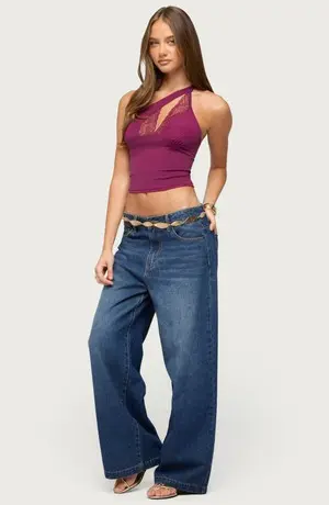 EDIKTED One-shoulder Lace Trimmed Cutout Crop Top