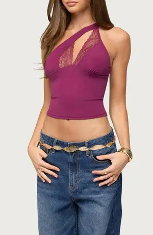 EDIKTED One-shoulder Lace Trimmed Cutout Crop Top