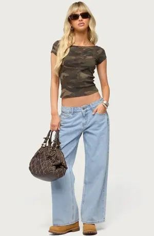 EDIKTED Camouflage Boat Neck Crop Top