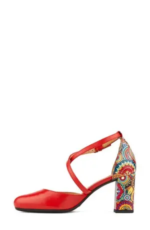 EMBASSY LONDON Printed Block Heel Ankle Strap Pumps - Medium Red