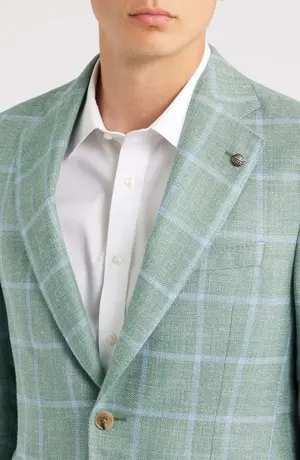 JACK VICTOR Unconstructed Green Windowpane Check Wool & Silk Blend Sport Coat - Sage