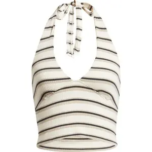 Rip Curl Ribbed Halter Neck Striped Crop Top - Bone