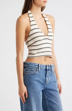 Rip Curl Ribbed Halter Neck Striped Crop Top