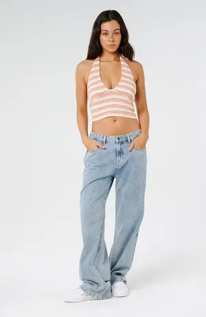 Rip Curl Ribbed Halter Neck Striped Crop Top - Peach