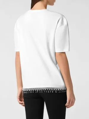 Philipp Plein Cotton T-shirt With Rhinestone Logo And Fringed Hem - White
