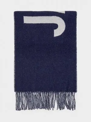 Jacquemus Cotton Scarf With Contrasting Jacquard Logo And Fringed Edges Navy