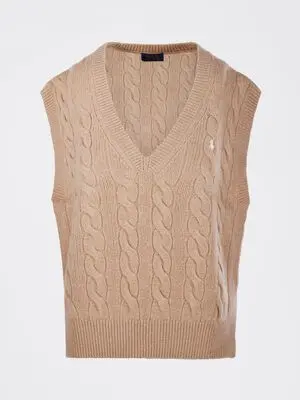 Polo Ralph Lauren Cable Knit Wool And Cashmere V-neck Jumper - Beige