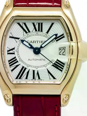 Cartier Roadster 37mm Automatic Watch With Silver-tone Dial And Burgundy Leather Strap