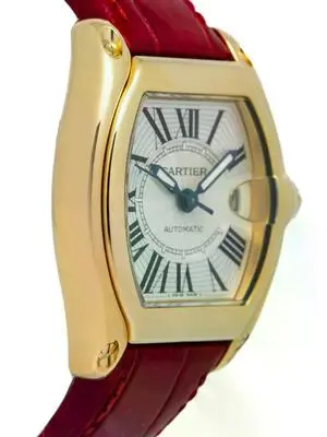 Cartier Roadster 37mm Automatic Watch With Silver-tone Dial And Burgundy Leather Strap