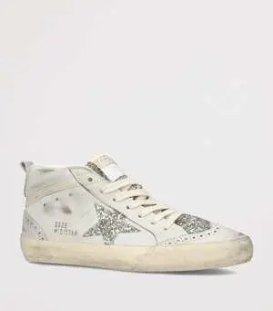 GOLDEN GOOSE Mid Star Distressed Leather Sneakers With Glitter Accents