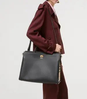 Burberry Medium Leather Cotswolds Check Tote Bag - Black