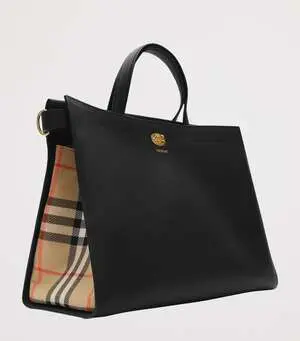 Burberry Medium Leather Cotswolds Check Tote Bag - Black