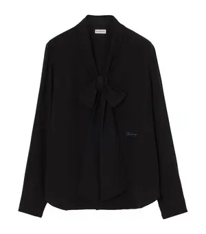 Burberry Silk Scarf Blouse With Embroidered Logo - Black